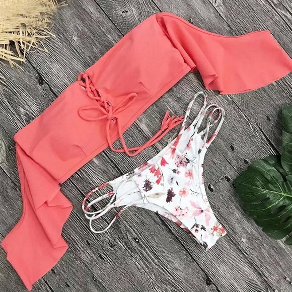 Swim | Lace Up Off Shoulder Ruffle Sleeve Bikini Swimsuit | Poshmark